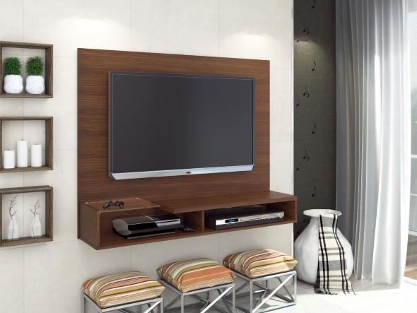 Painel suspenso e rack flutuante na decoração